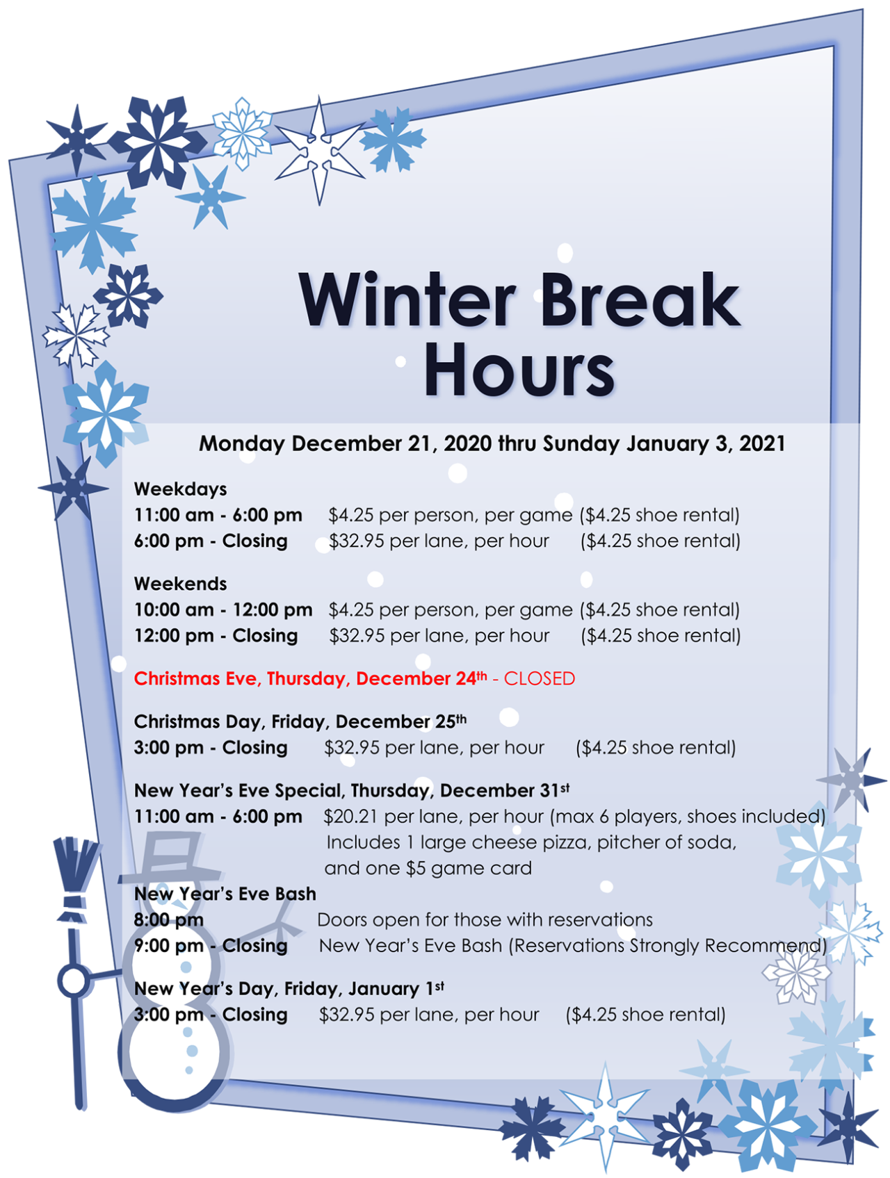 Winter Break Hours - Bird Bowl